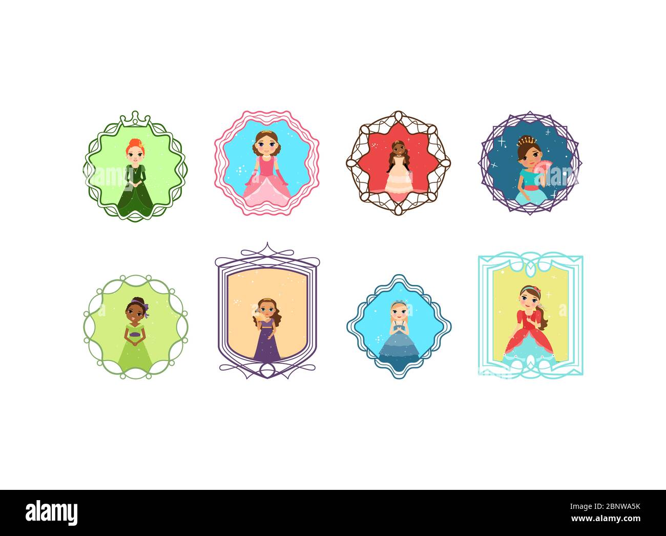 Cartoon princess set with decorative frames. Vector illustration Stock ...