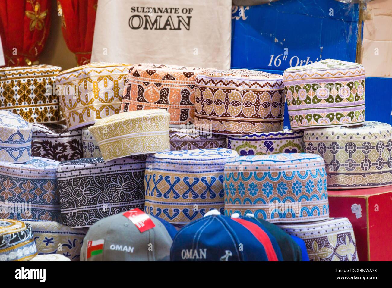 Traditional caps at ancient Mutrah Souq, in Muscat, Oman Stock Photo ...