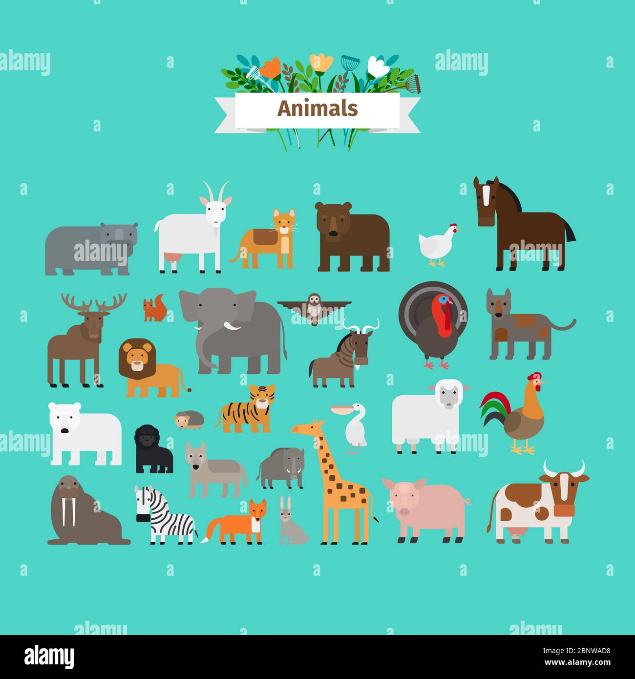 Animals flat design vector icons on green background Stock Vector Image ...