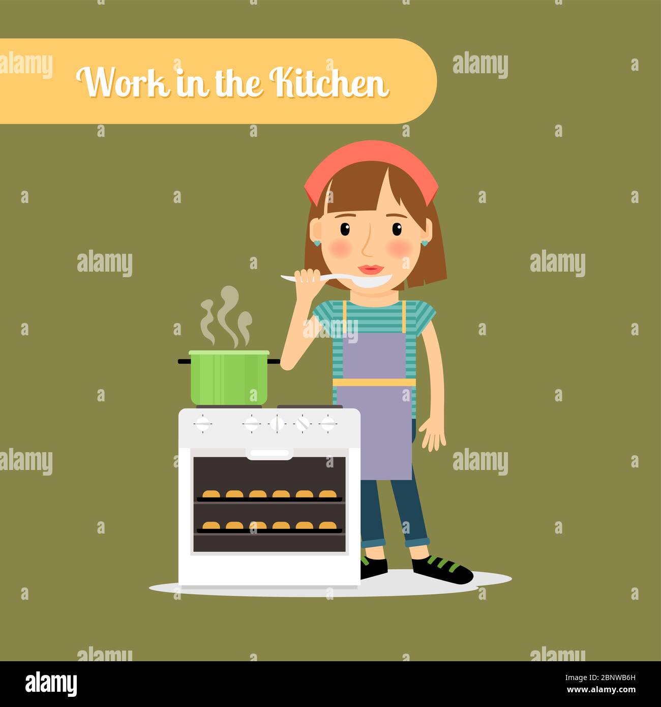 Woman work in the kitchen. Cooking food vector illustration Stock ...