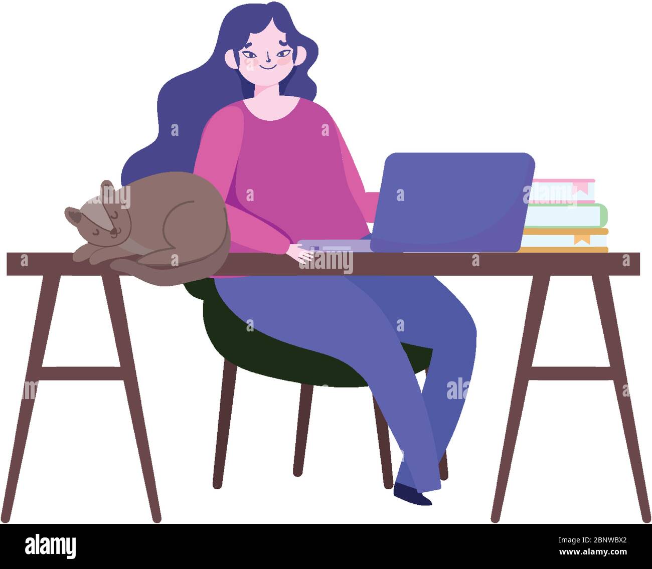 working remotely, young woman with laptop and cat in desk work vector ...