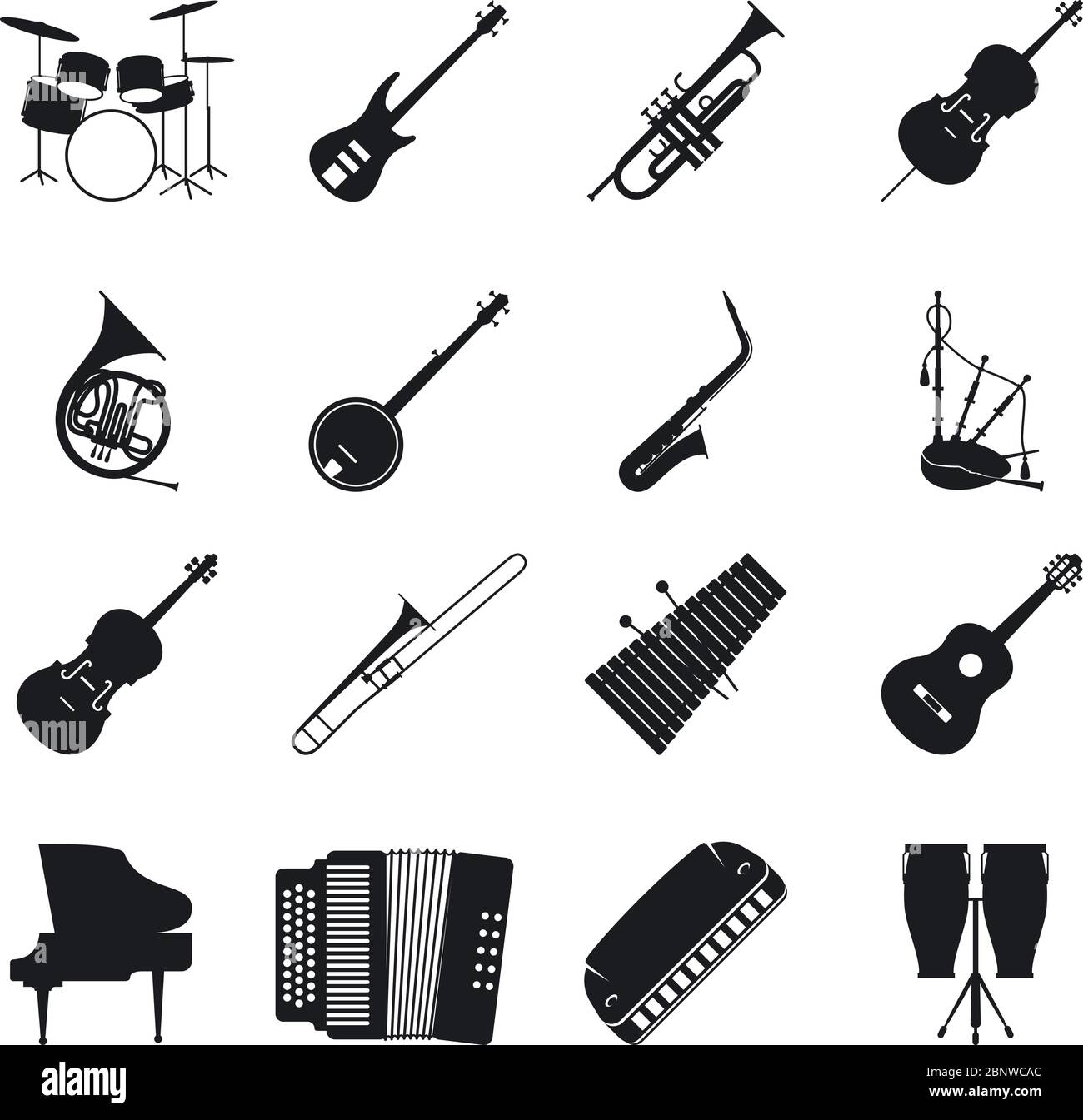 Musical instrument silhouettes for jazz music vector icons set Stock ...