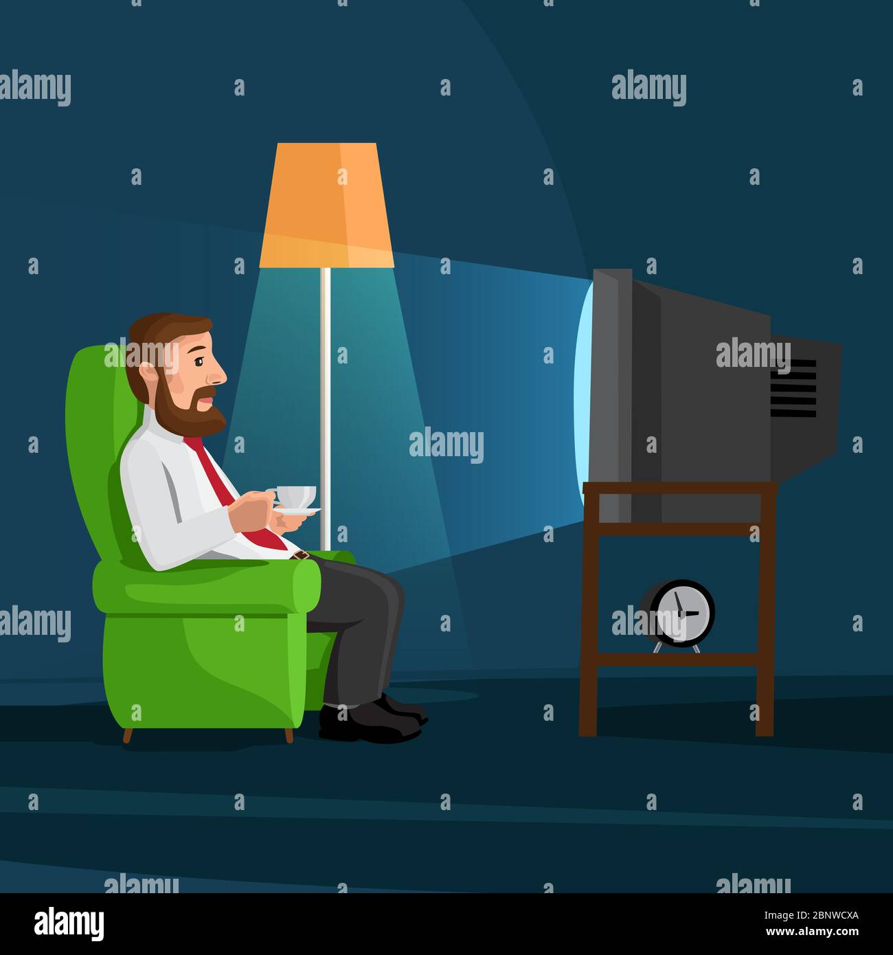 Cartoon man on sofa watches TV with coffee cup vector illustration ...