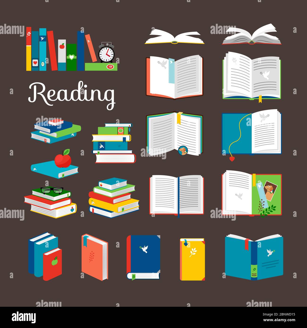 Reading book vector cartoon icons set. School and hand books, library ...
