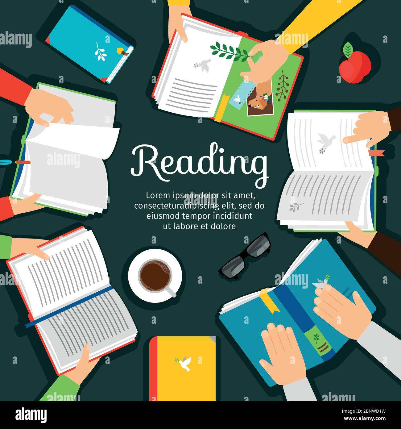 Reading club. Open books on table with hands top view vector ...
