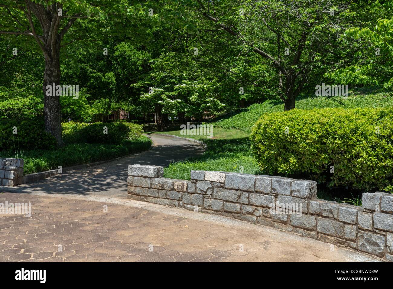 Low granite block wall, path through an urban park in spring, green ...