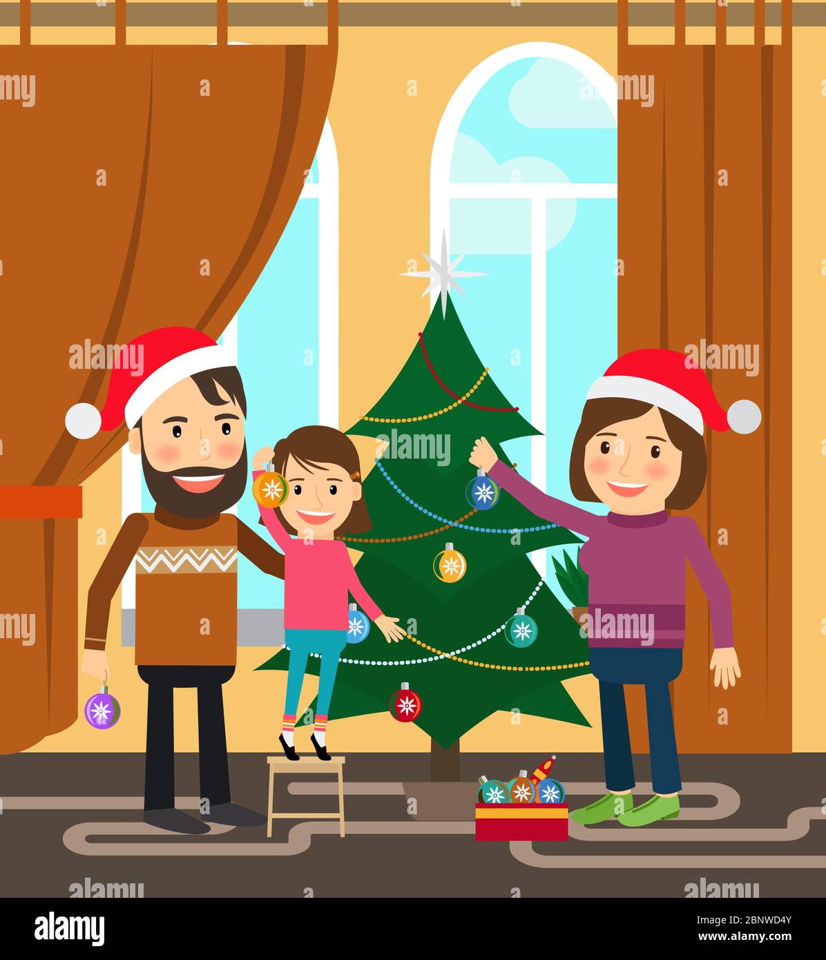 Family celebrates winter holidays with Christmas tree. Vector ...