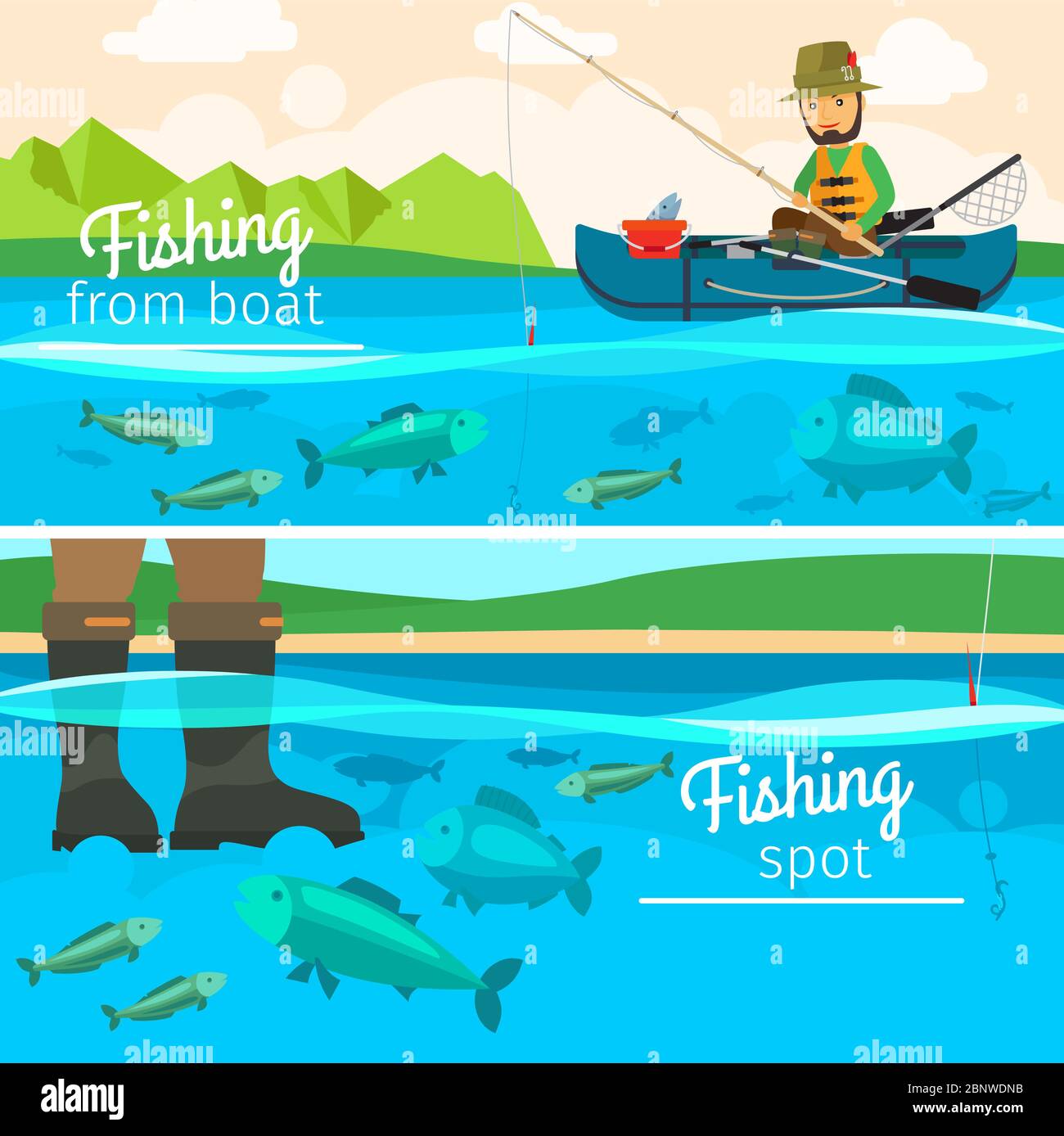 Vector fisherman catching fish at lake. Fishing vector illustration ...