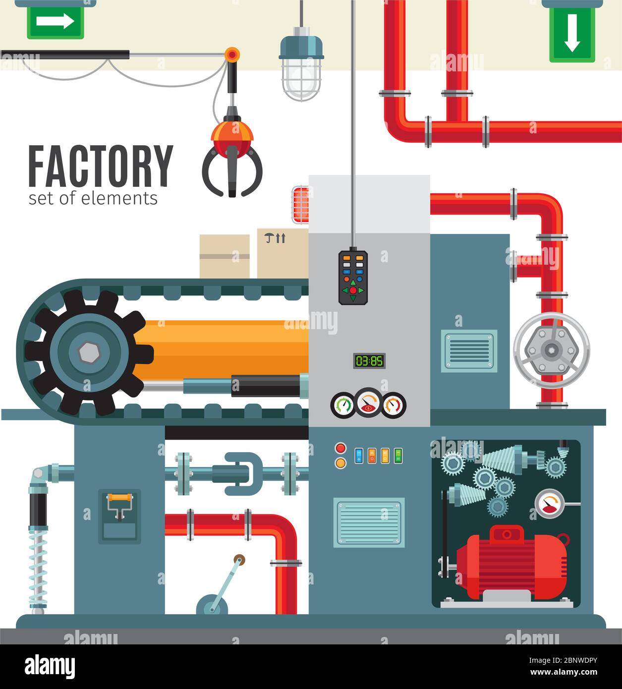 Manufacturing conveyor in flat style. Machinery industrial factory ...