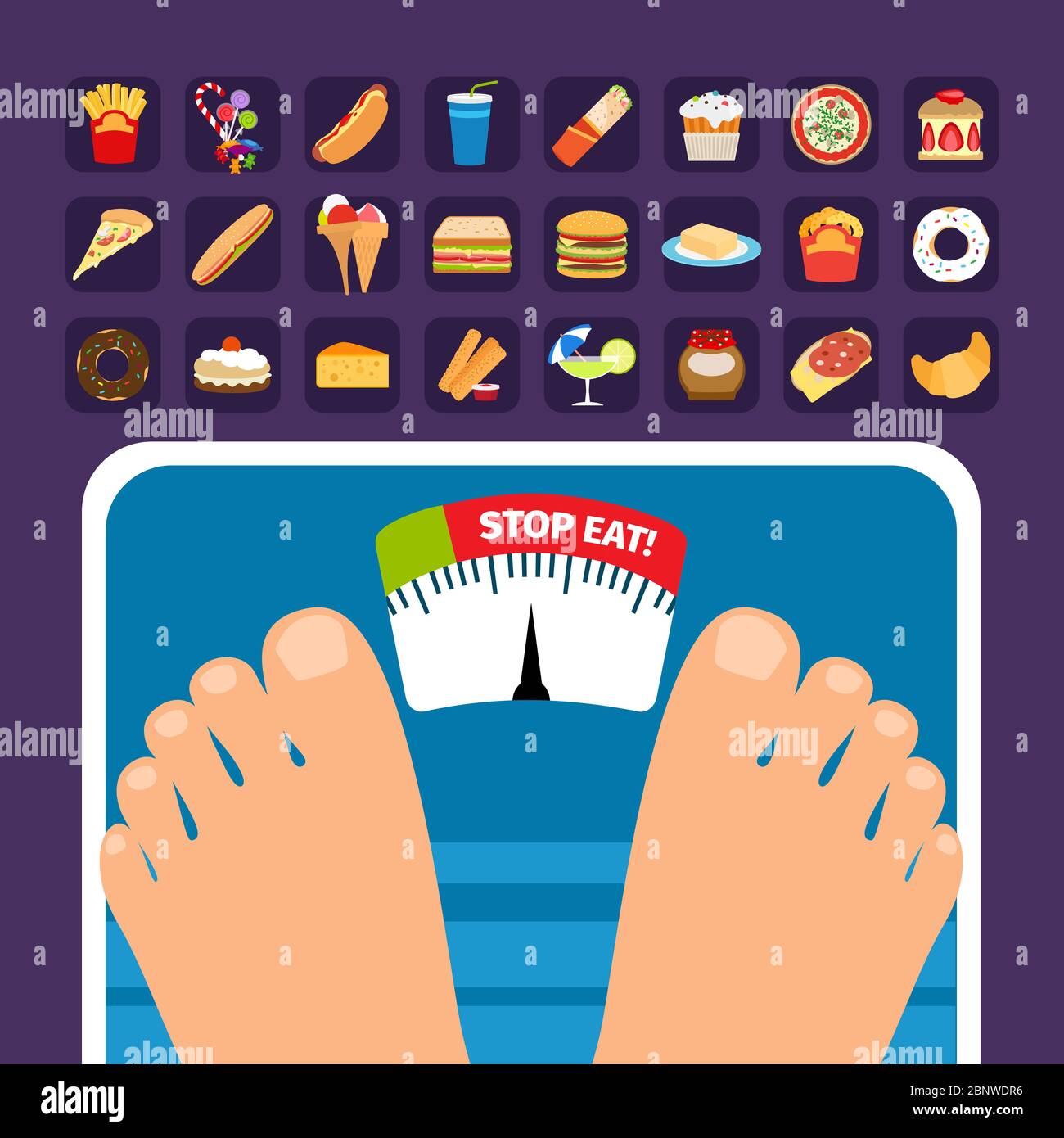 Overweight on scale concept with sweets icons. Stop eating fatty food ...