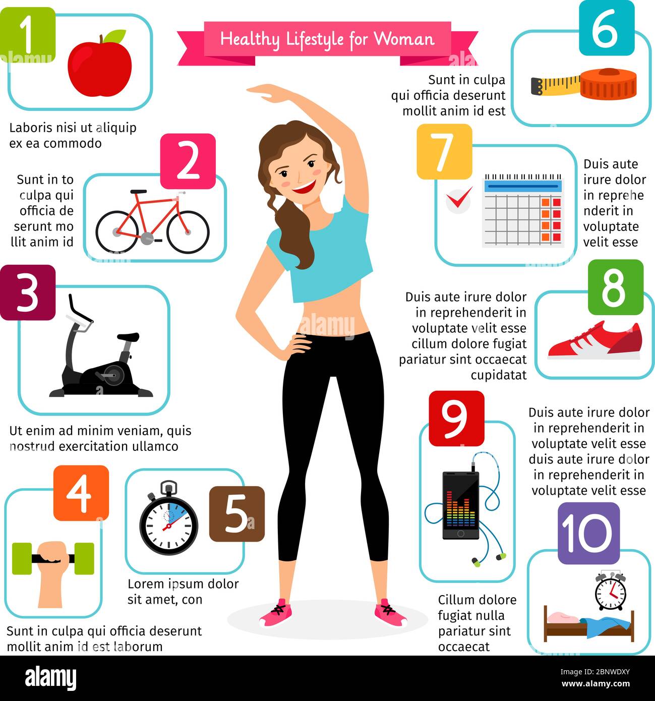 Woman healthy lifestyle infographics. Diet food, sports heart, positive living is healthy girl ...