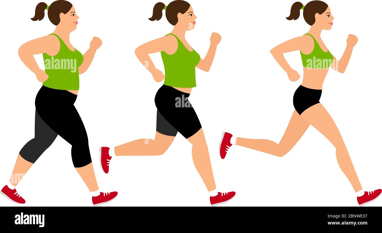Jogging weight loss woman. Overweight fat lady and fitness slim girl ...