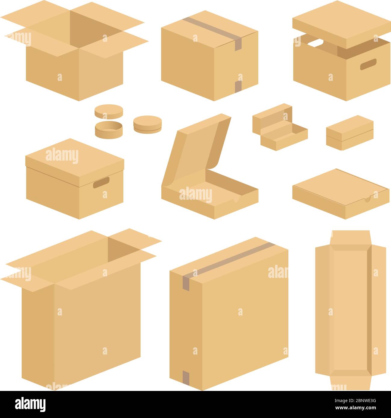 Carton box pack set. Closed and opened brown carton packing boxes ...