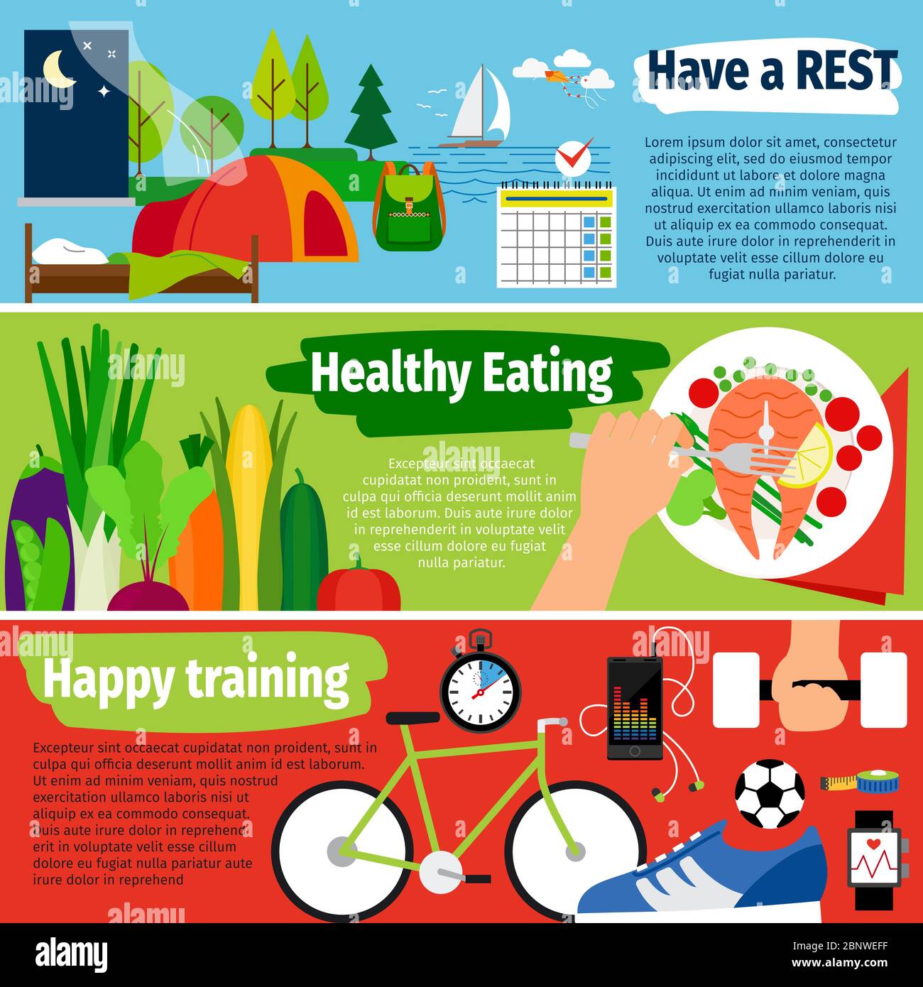 Healthy lifestyle banners. Healthy food, proper rest and sports ...