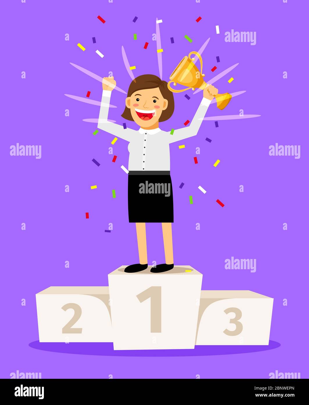 Business success woman standing on winning podium with award. Vector ...