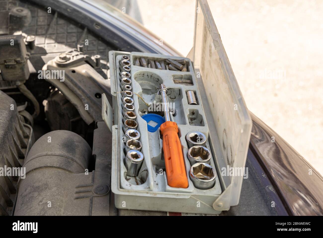 Auto mechanic tool kit. The mechanic has prepared tools for diagnosis ...