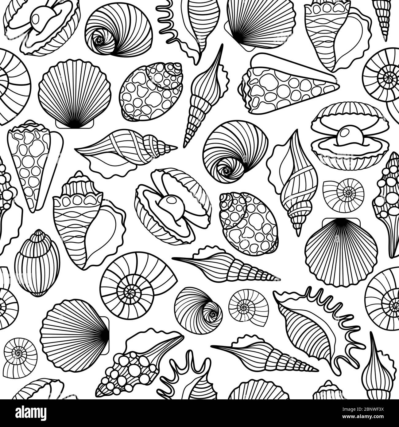 Hand drawn sea shells black vector seamless pattern. Seashells texture ...