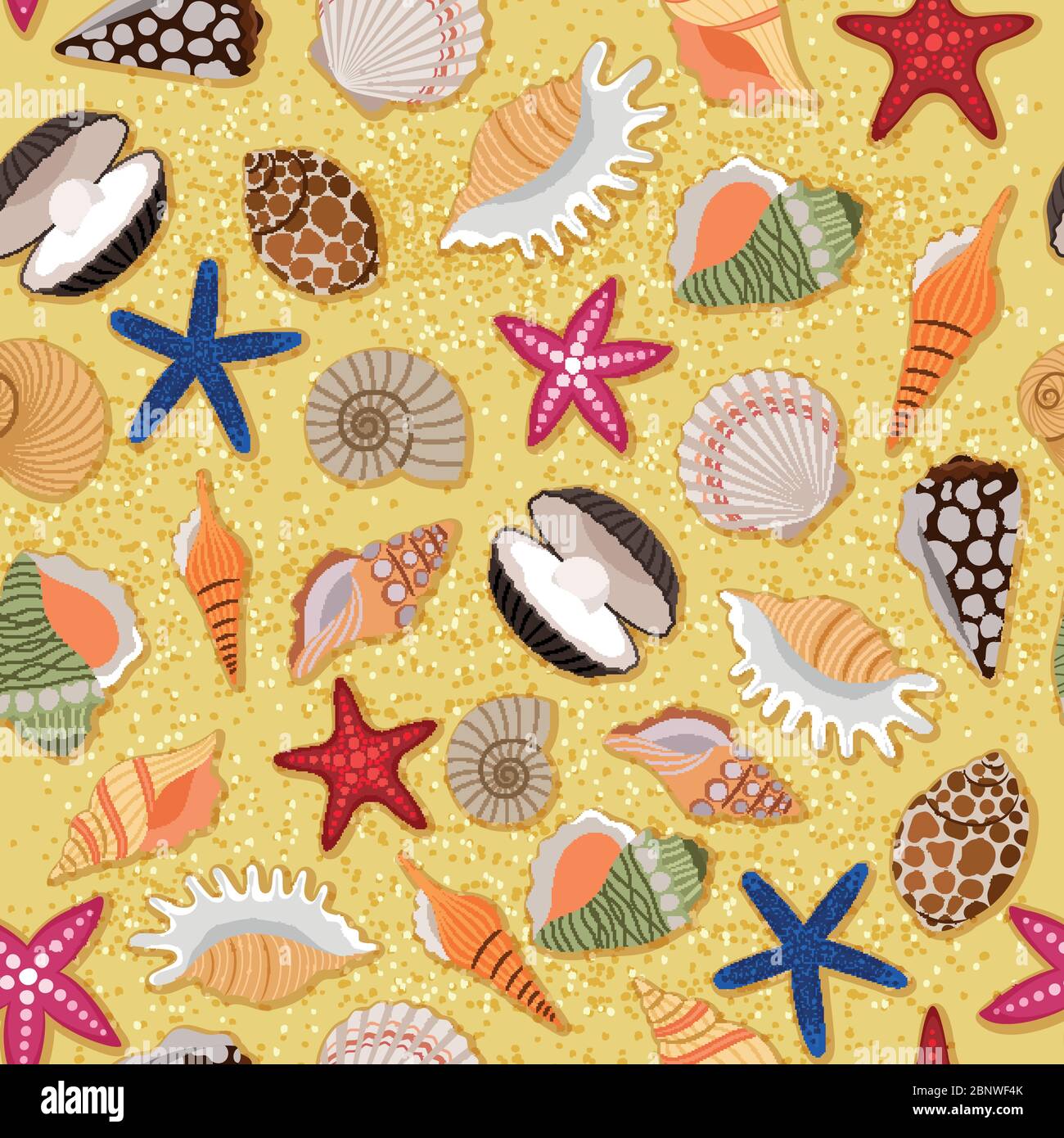 Marine beach sand background with sea shells seamless pattern. Vector ...