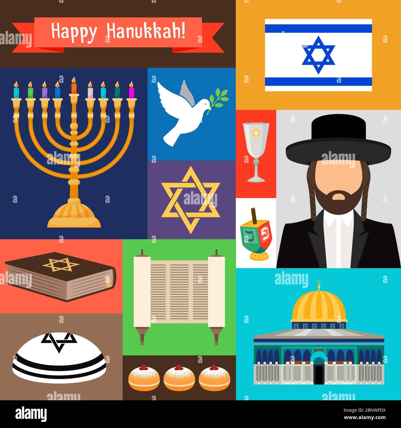 Jewish and judaism icons. Israel star and rabbi, synagogue and torah ...