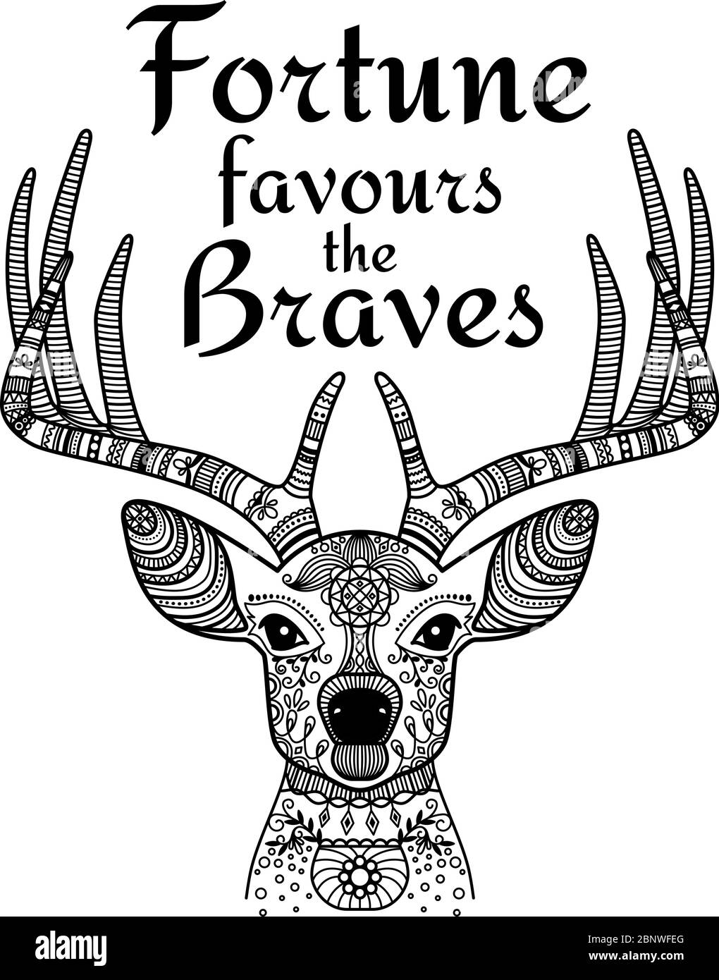 Deer black ornamental icon with text fortune favours the brave. Vector ...