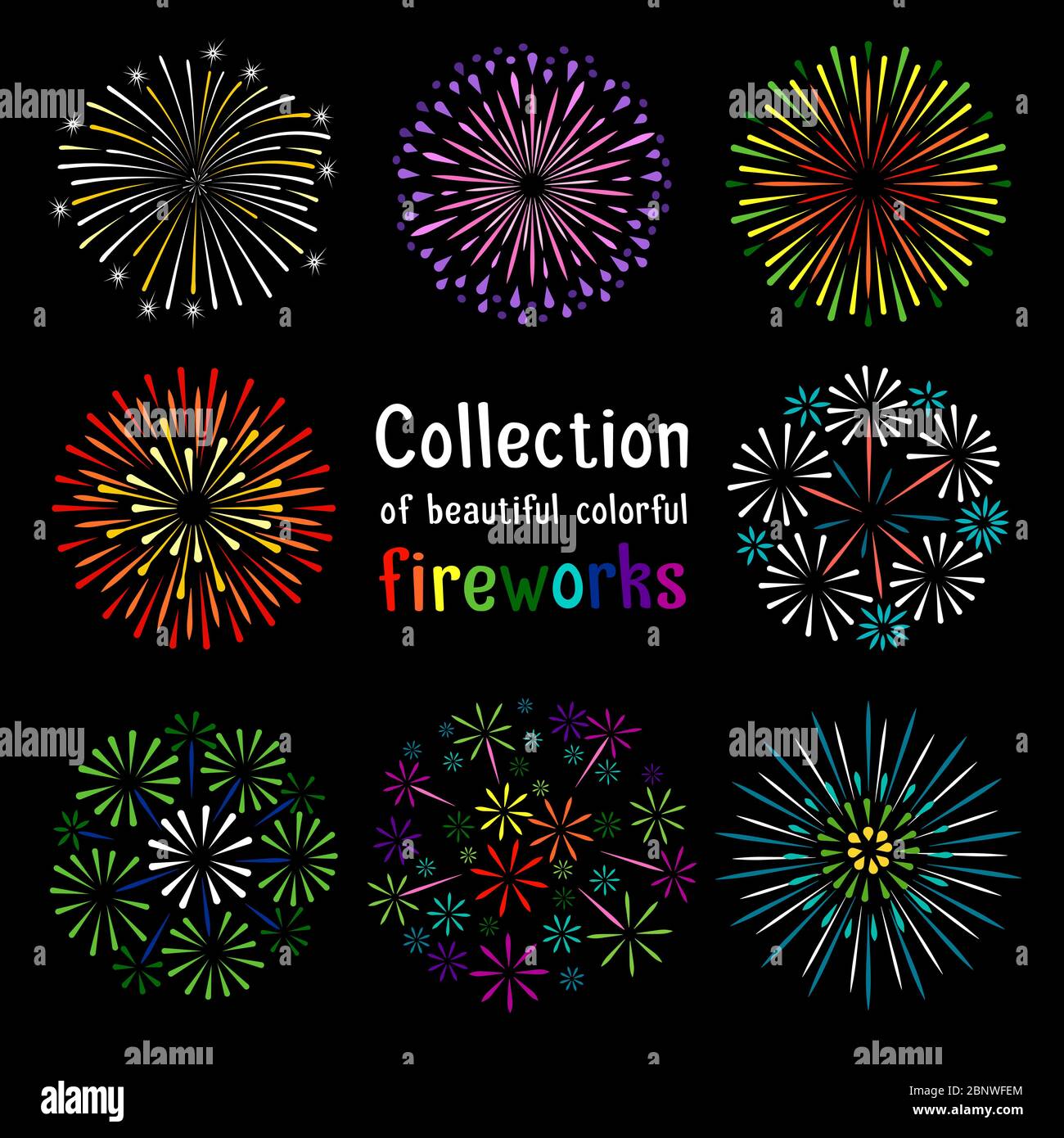 Colorful fireworks collection on black background. Fireworks set vector ...