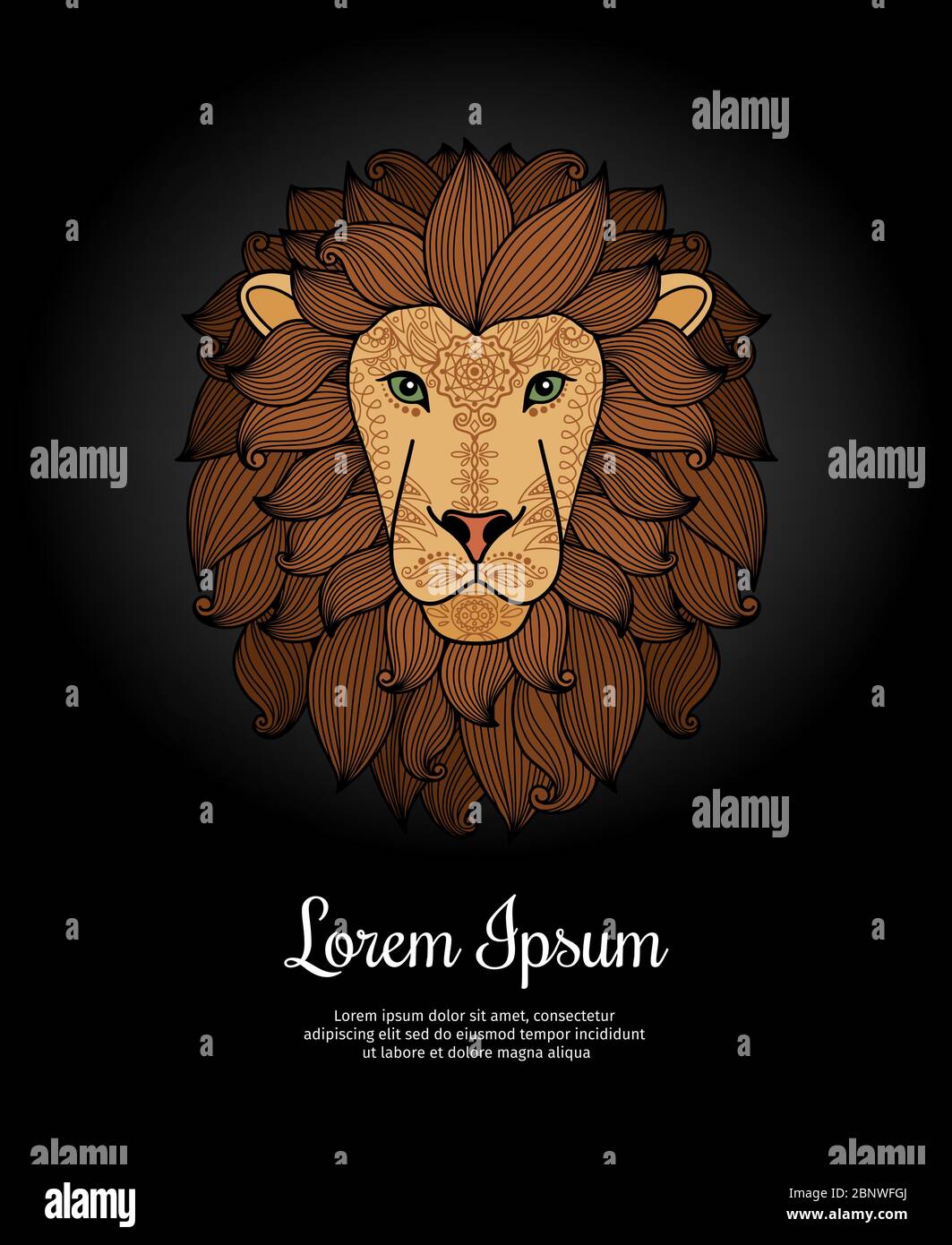 Lion head card template on dark background with text. Vector ...