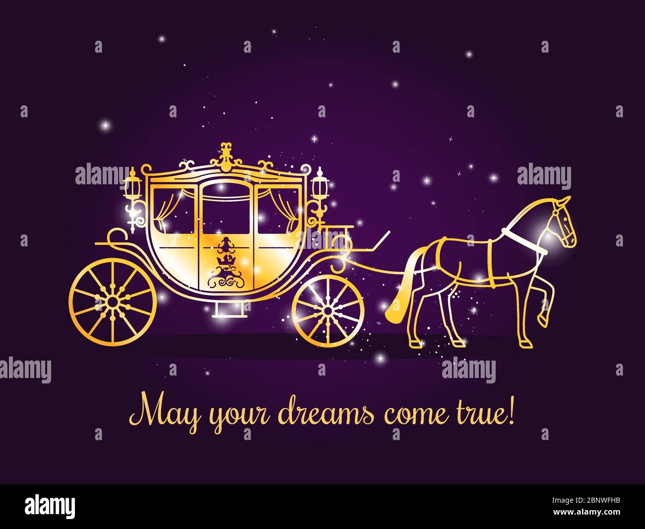 Fairy tale carriage with horse and sparkles on violet background with ...