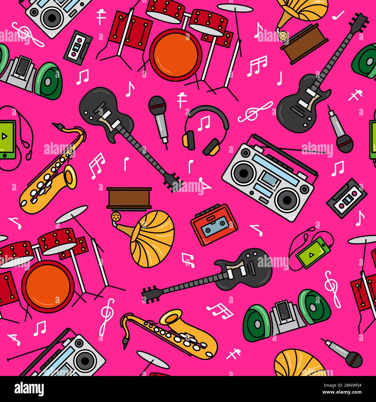 Music instruments pattern on pink background. Vector illustration Stock ...