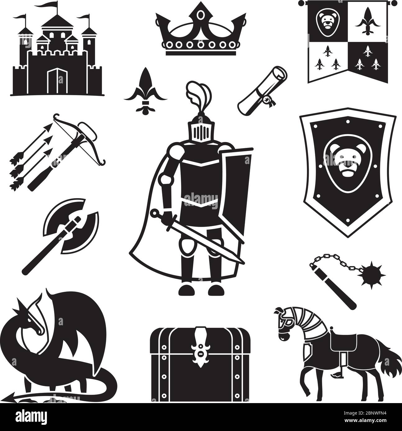 Knighthood in Middle Ages Icons. Medieval ancient armor and coat of ...