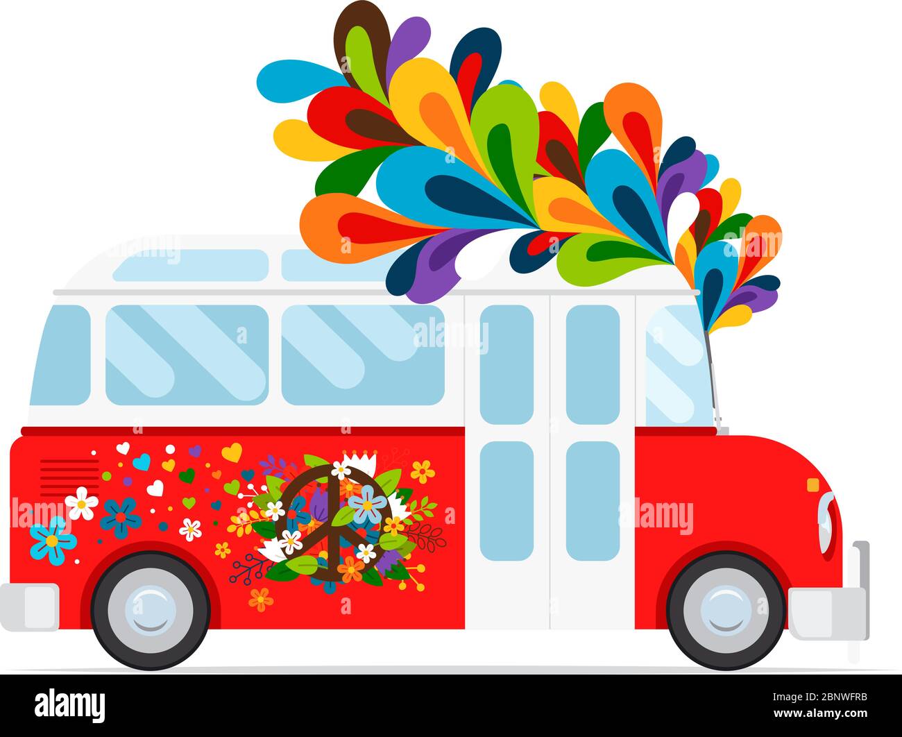 Hippie bus icon with floral element on white background. Vector ...