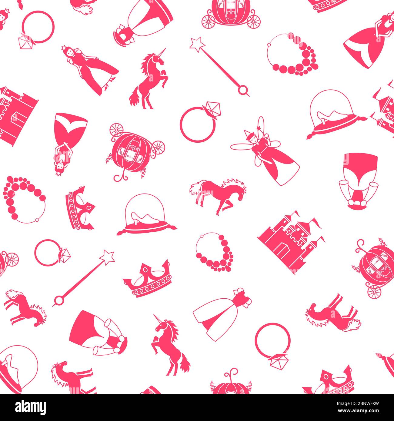 Princess and fairy tale elements on white background vector pattern ...