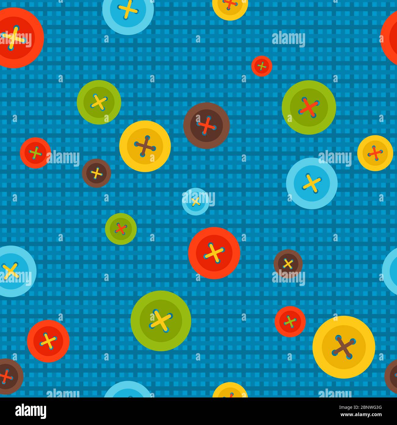 Sewing pattern with colorful buttons on blue background. Vector ...
