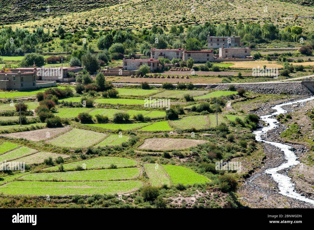 Small villages in Tibetan plateau scenery en route from Shegar to ...