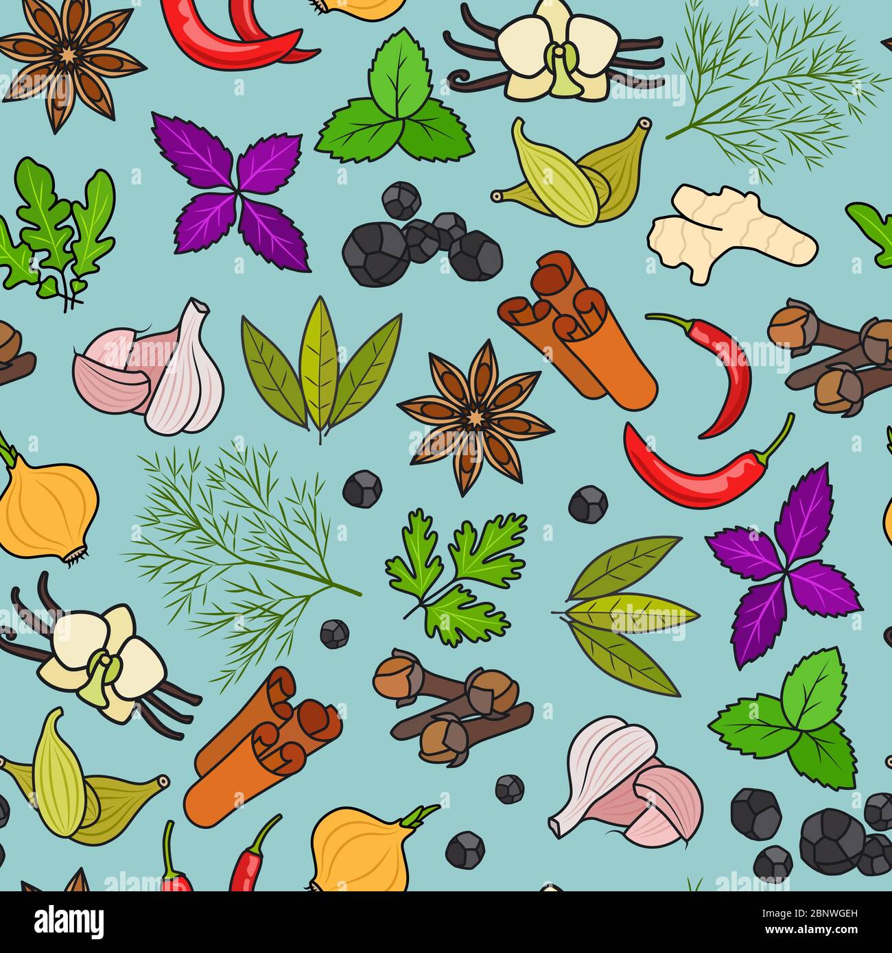 Spices colorful pattern on blue background. Vector illustration Stock ...