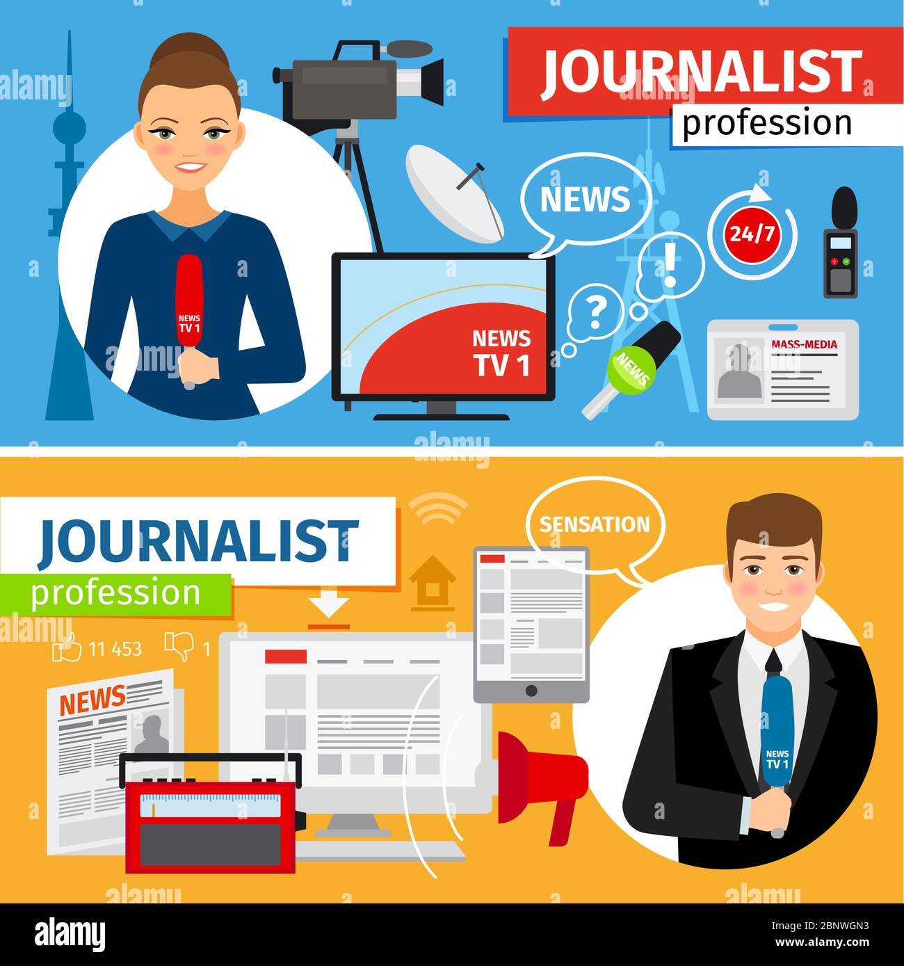 News and journalist profession horizontal banners set. Vector ...