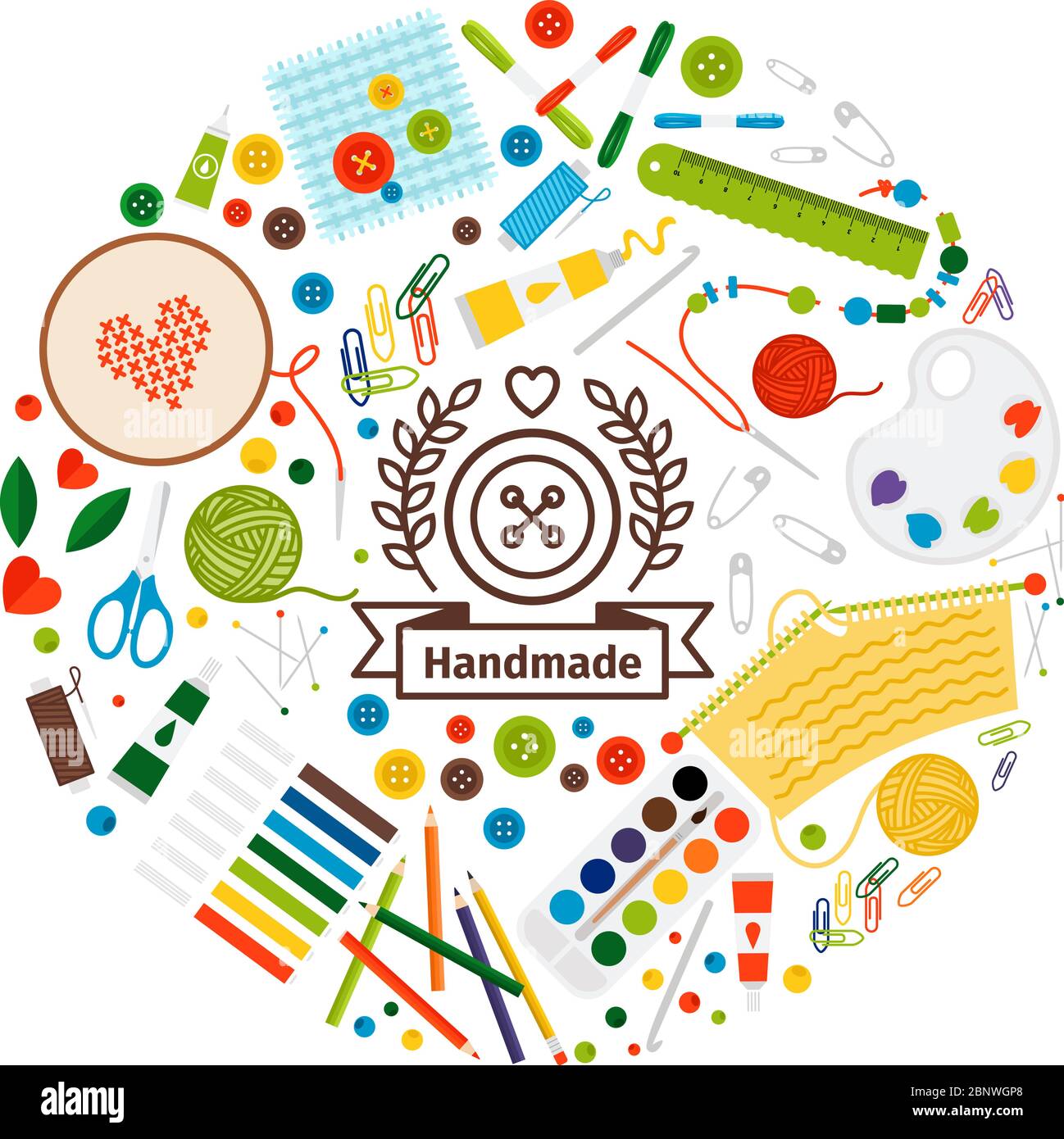 Handmade round shape colorful poster with flat elements. Vector ...