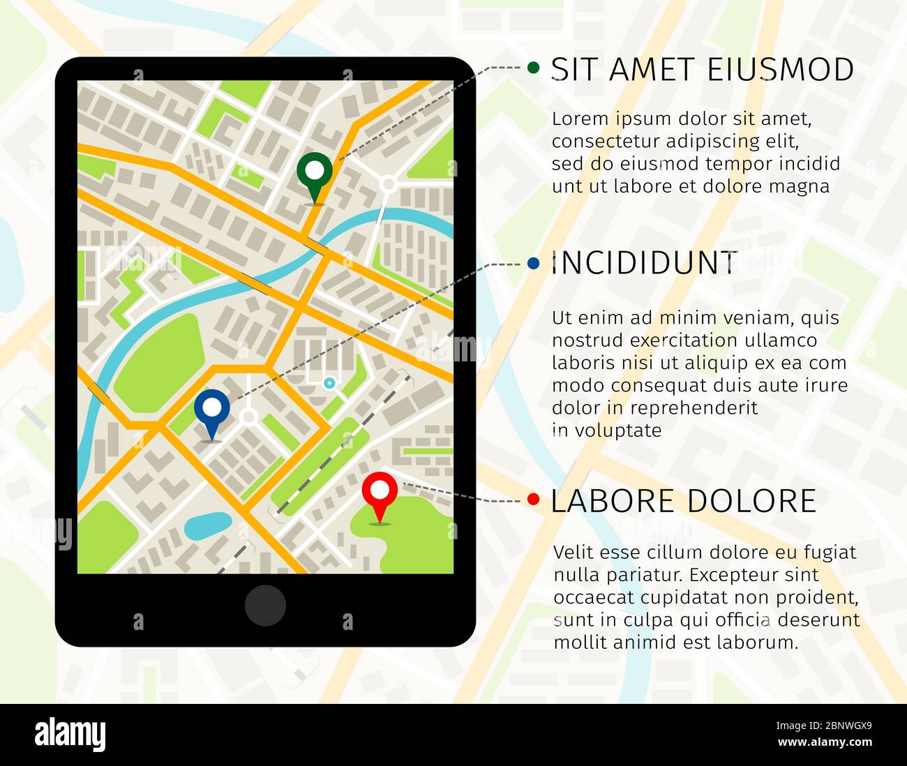 Location illustration on smartphone screen with pin points on map ...