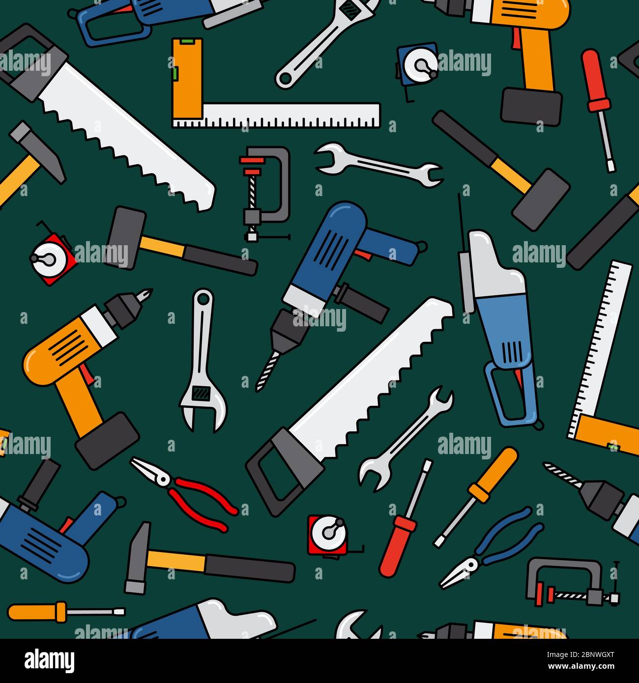 Construction work tools pattern on dark green background. Vector ...