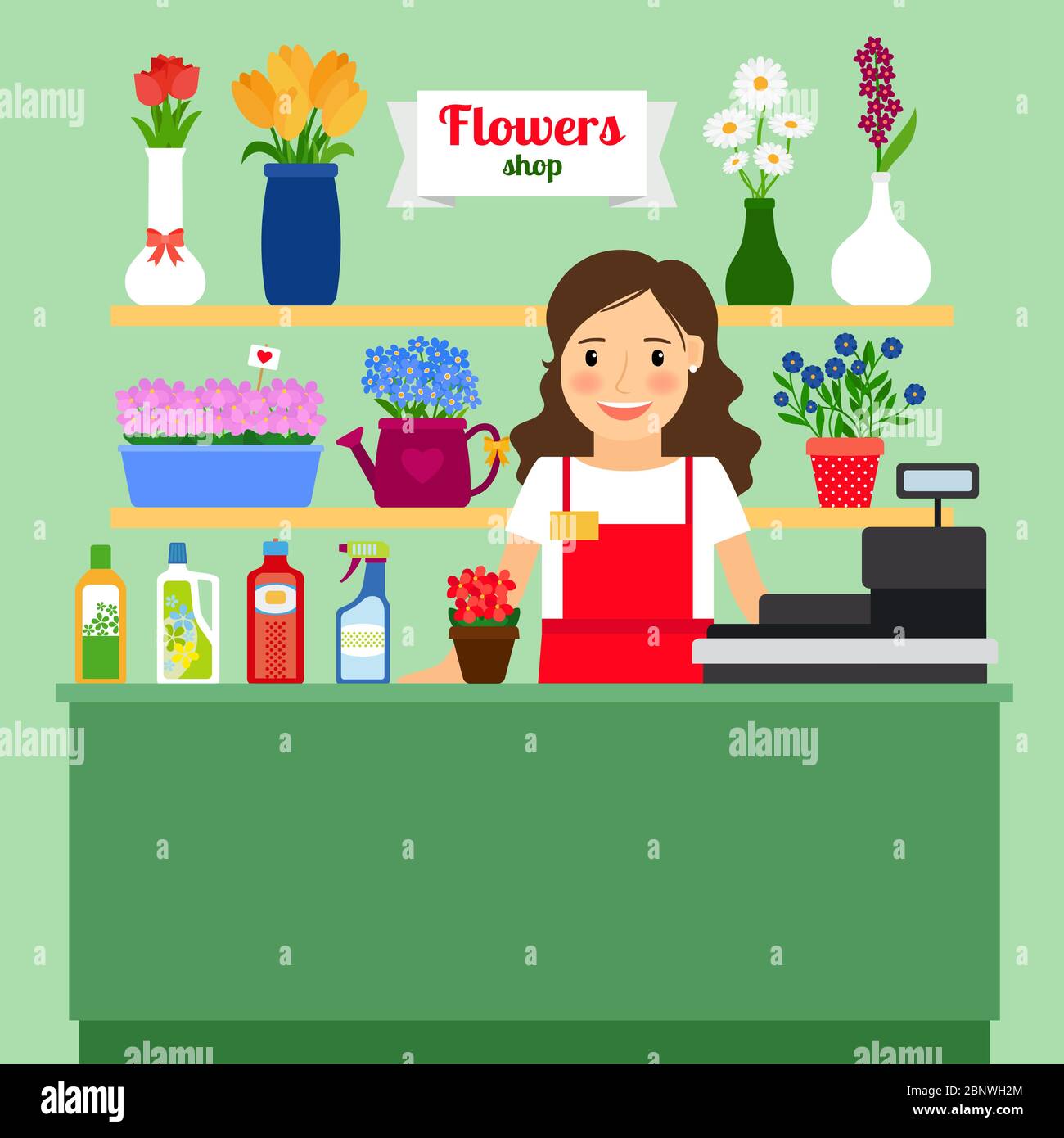 Flower shop vector illustration with sales lady cash register machine ...