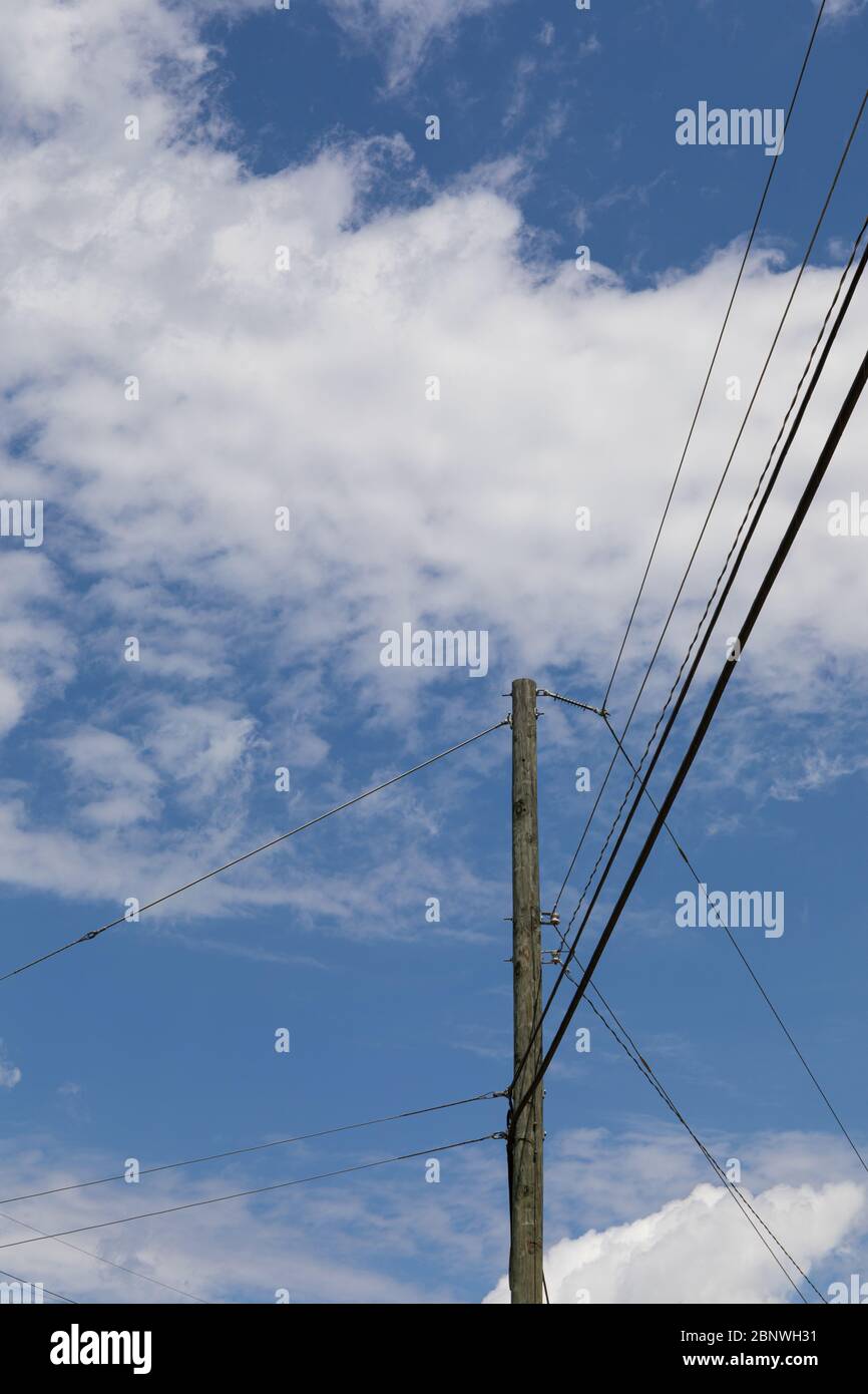 Power pole supporting electrical power lines running in three ...