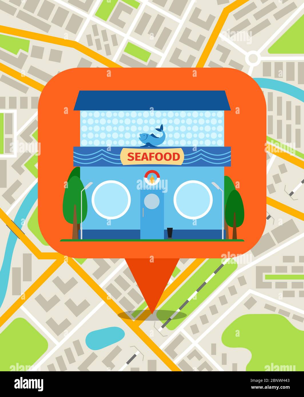 Seafood shop pin on the city map. Navigation system for smartphone ...
