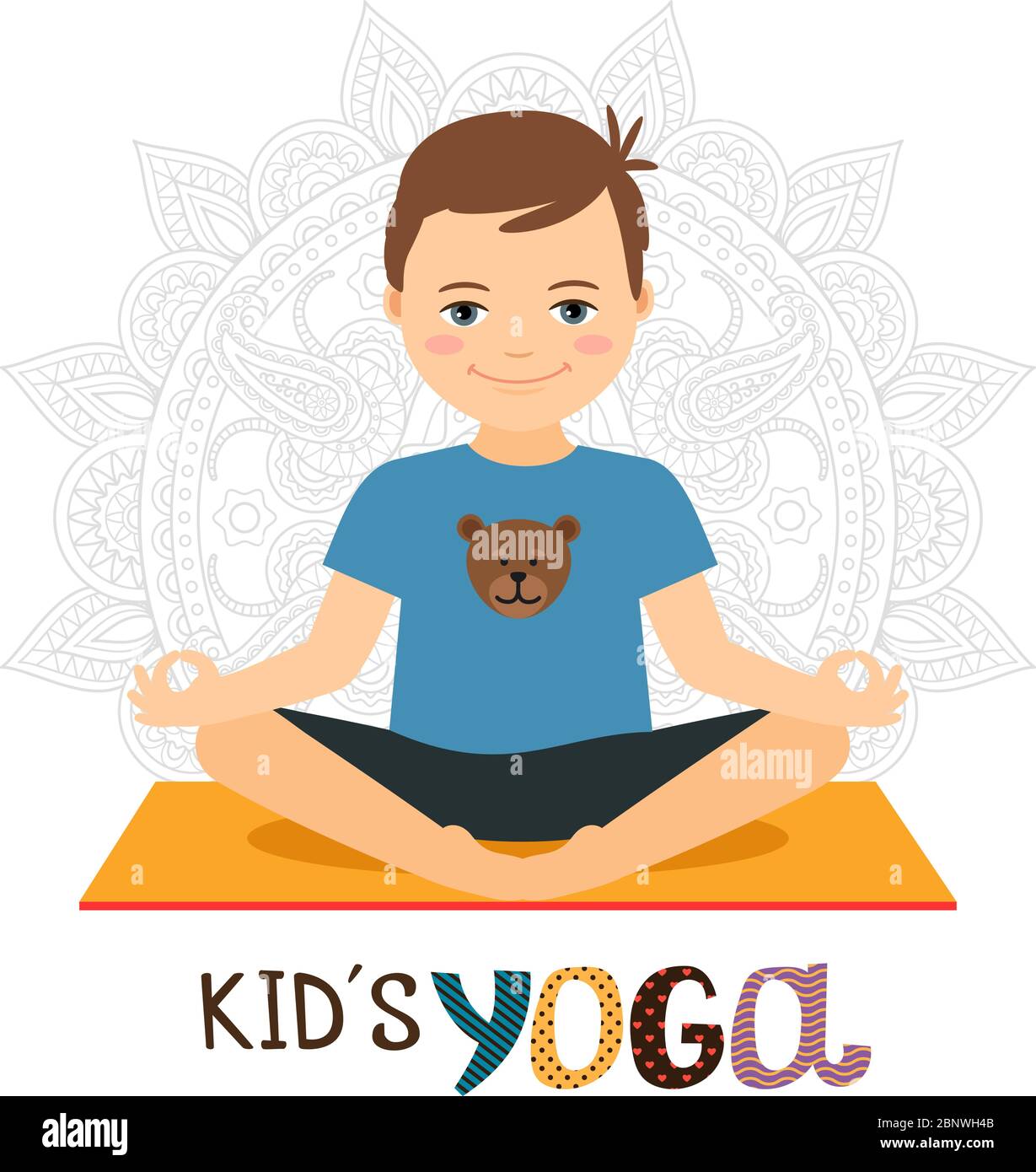 Young boy in yoga pose on white background with text. Vector icon Stock ...