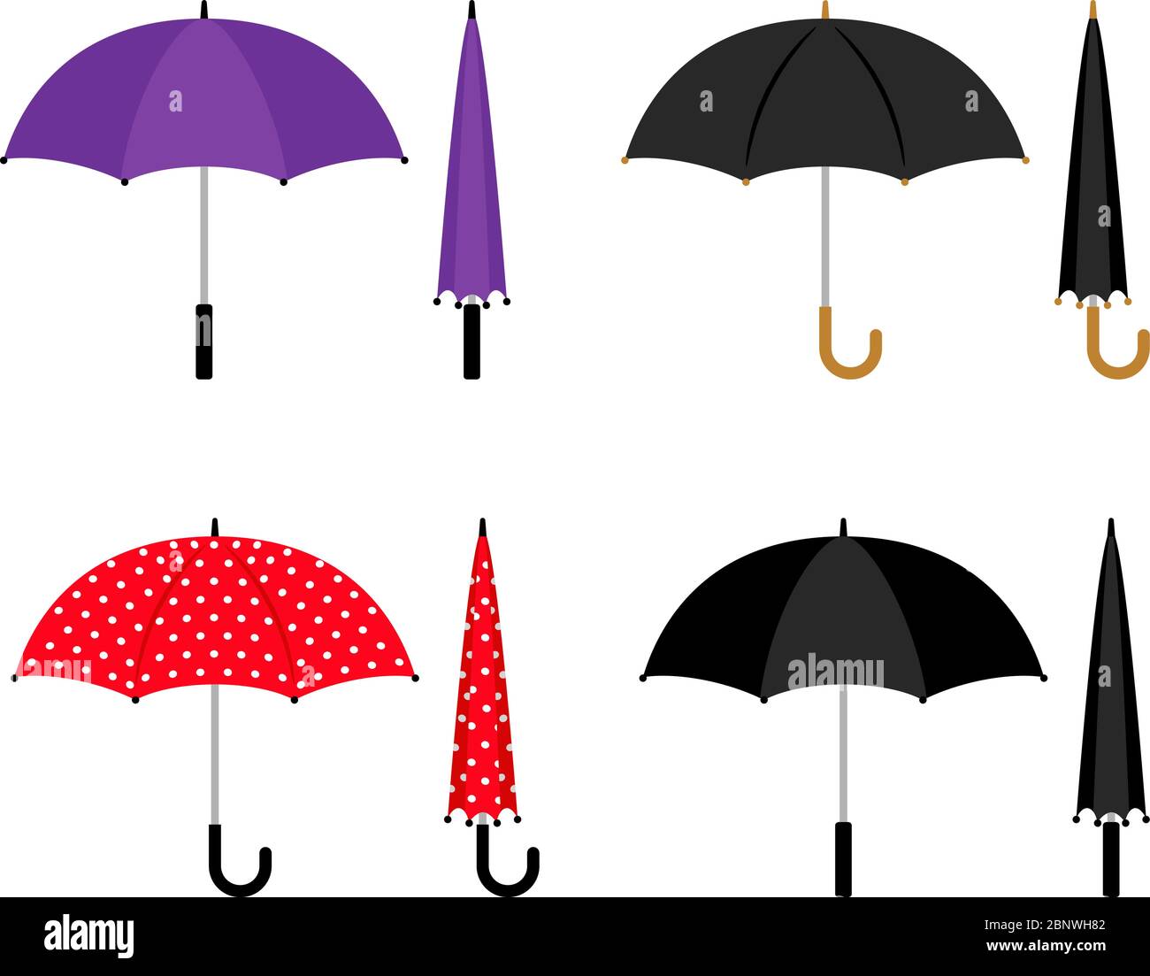Umbrellas folded and opened collection. Black, red and violet parasol ...