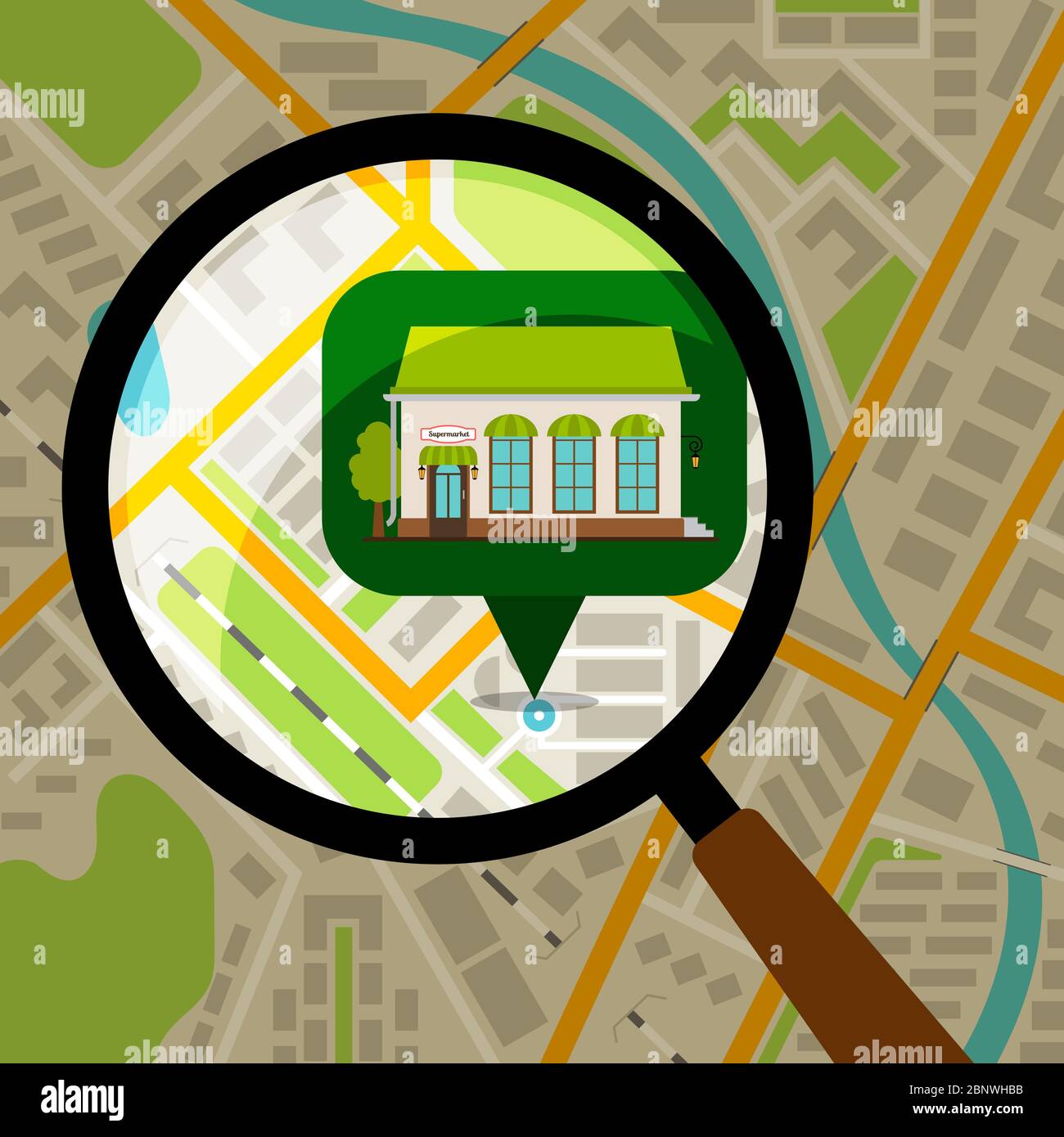Supermarket location at city map. Store front over colored city map ...