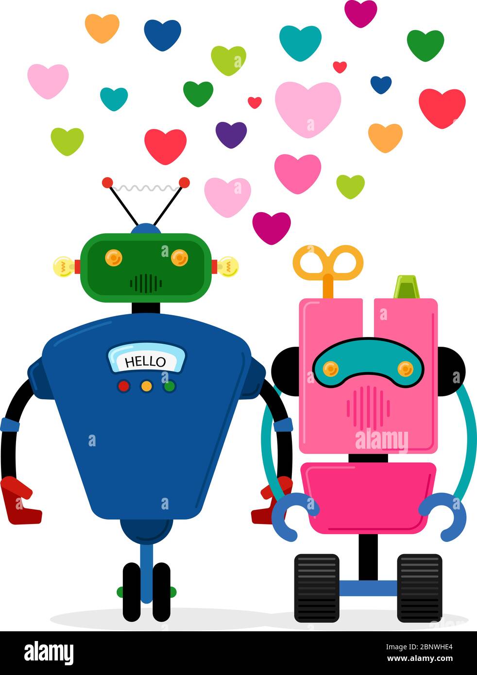 Robot love story vector illustration. Two robots holding hand on white ...