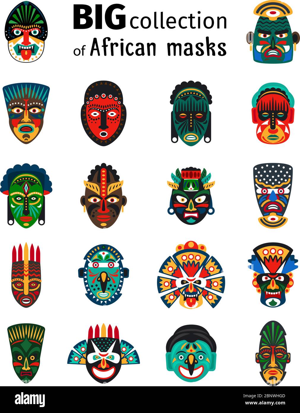 Tribal ethnic african mask big set on white background. Vector ...
