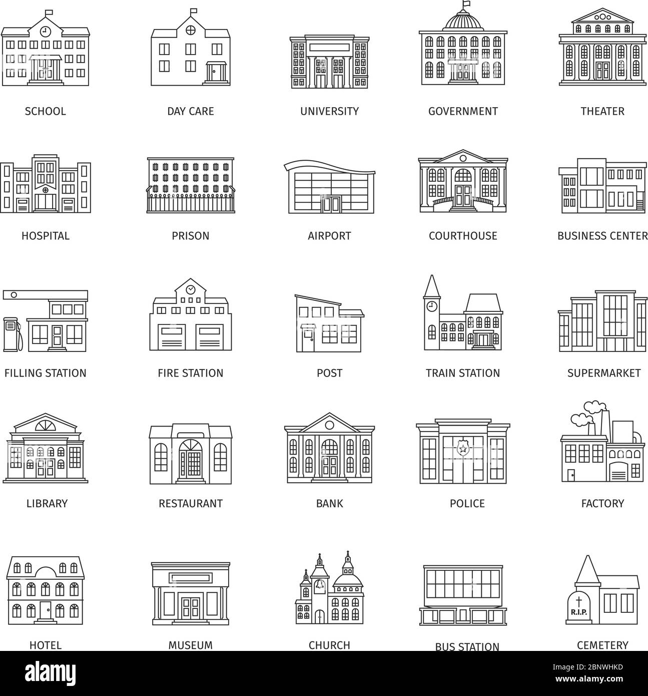Government buildings line icons or urban municipal houses outline signs ...