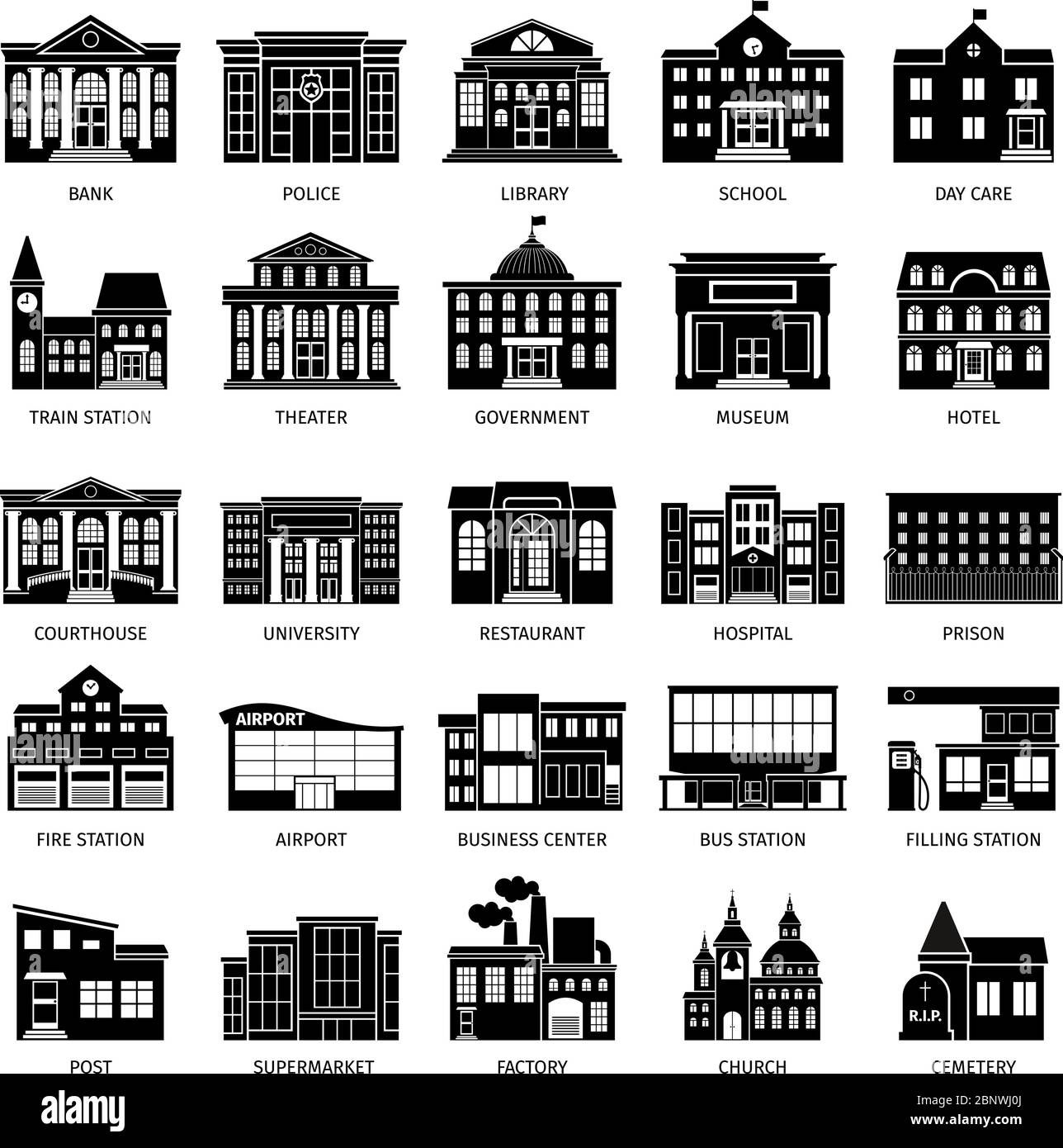 Government building black icons. City hospital and restaurant ...