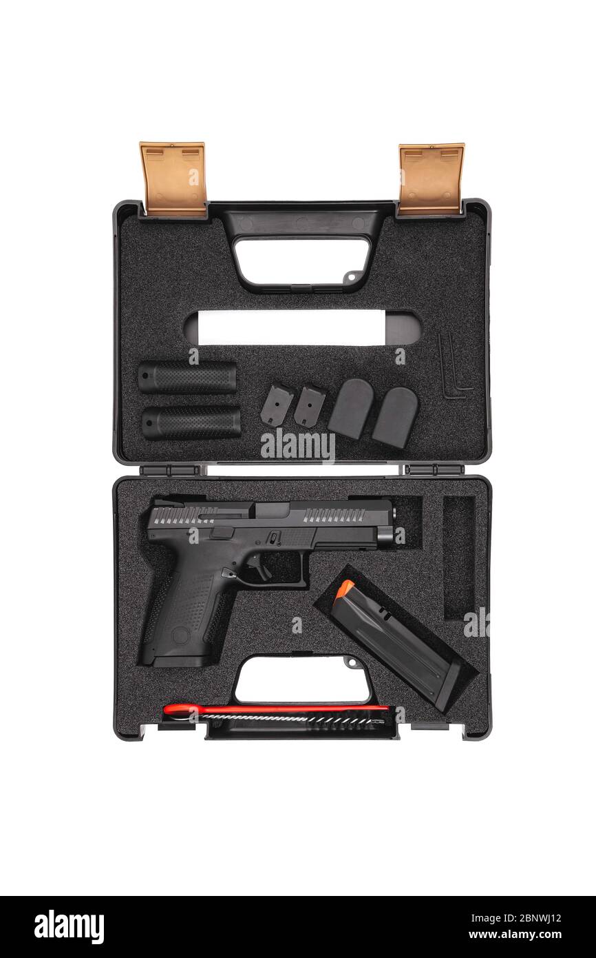 Black gun pistol isolated on white background. Short-barreled weapons ...