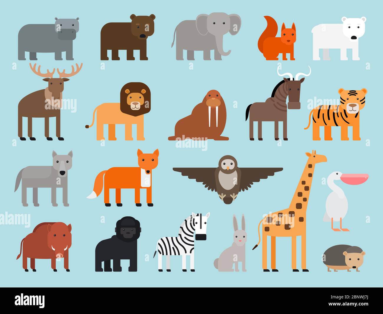 Zoo animals flat colorful icons on blue background. Vector illustration ...